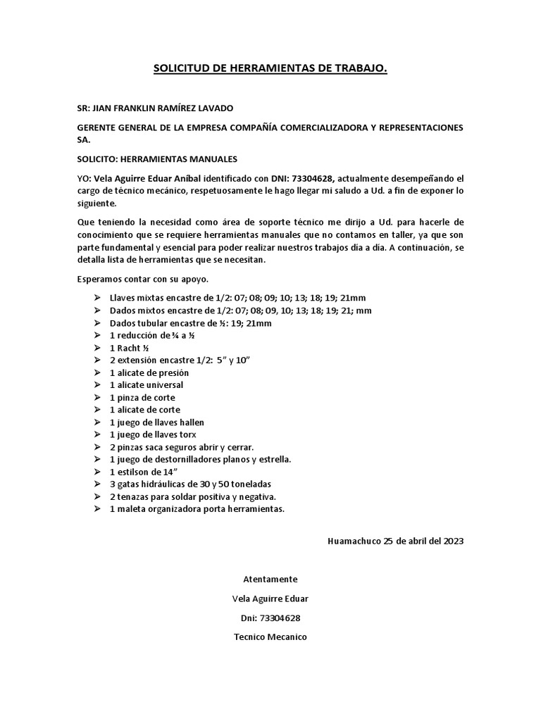 Solicitud de Herramientas de Trabajo | PDF