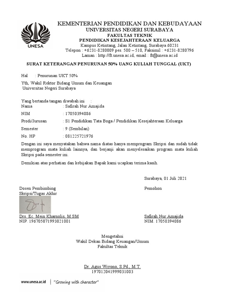 Surat Keterangan Penurunan UKT | PDF