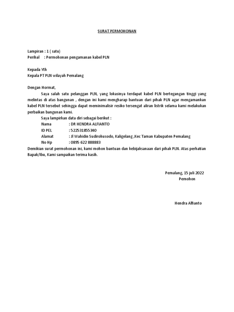 contoh SURAT PERMOHONAN pengamanan jaringan pln | PDF
