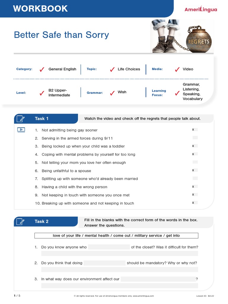 B2-22 Workbook Better Safe Than Sorry | PDF