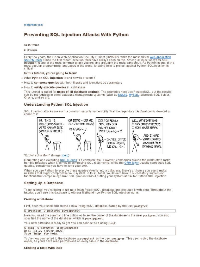 Preventing SQL Injection Attacks With Python | PDF | Postgre Sql ... Preventing SQL Injection Attacks With Python | PDF | Postgre Sql ...