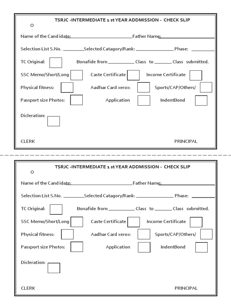 TSRJC Intermediate Admission Check Slip | PDF