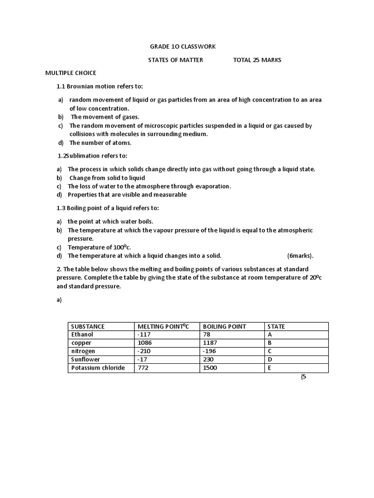 Grade 10 Test 2 States of Matter | PDF