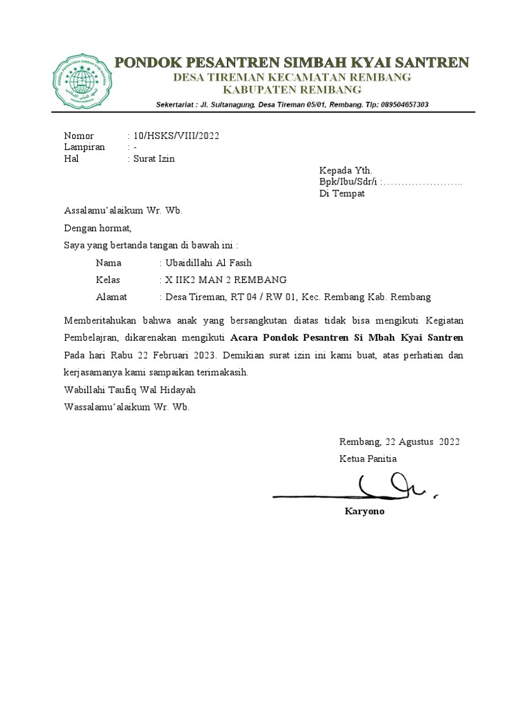 Surat Izin Tidak Masuk Sekolah | PDF