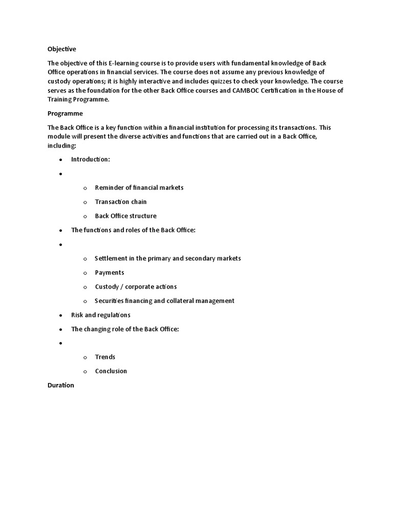 Back Office Operations in Finance Course | PDF