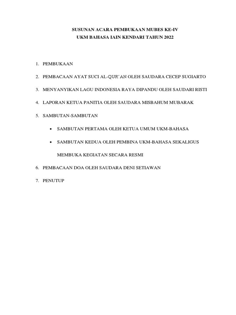 Susunan Acara Pembukaan Mubes | PDF