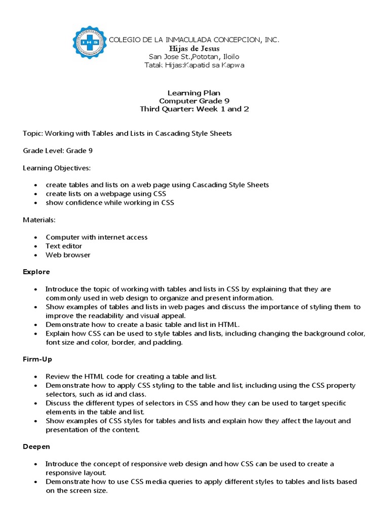 Learning Plan in Computer 9 | PDF