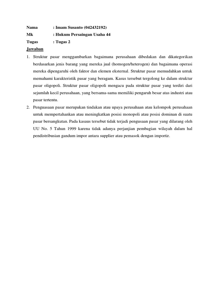 TUGAS 2 - Hukum Persaingan Usaha - IMAM SUSANTO | PDF