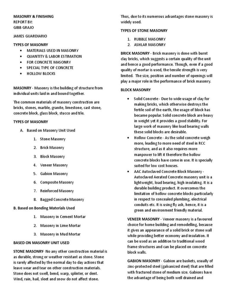 CHAPTER 2.4 - Masonry and Finishings Handouts | PDF