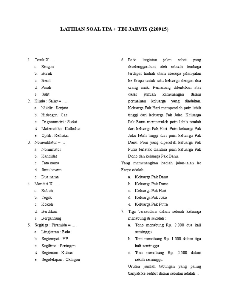 Latihan Soal Tpa + Tbi Jarvis (220915) | PDF