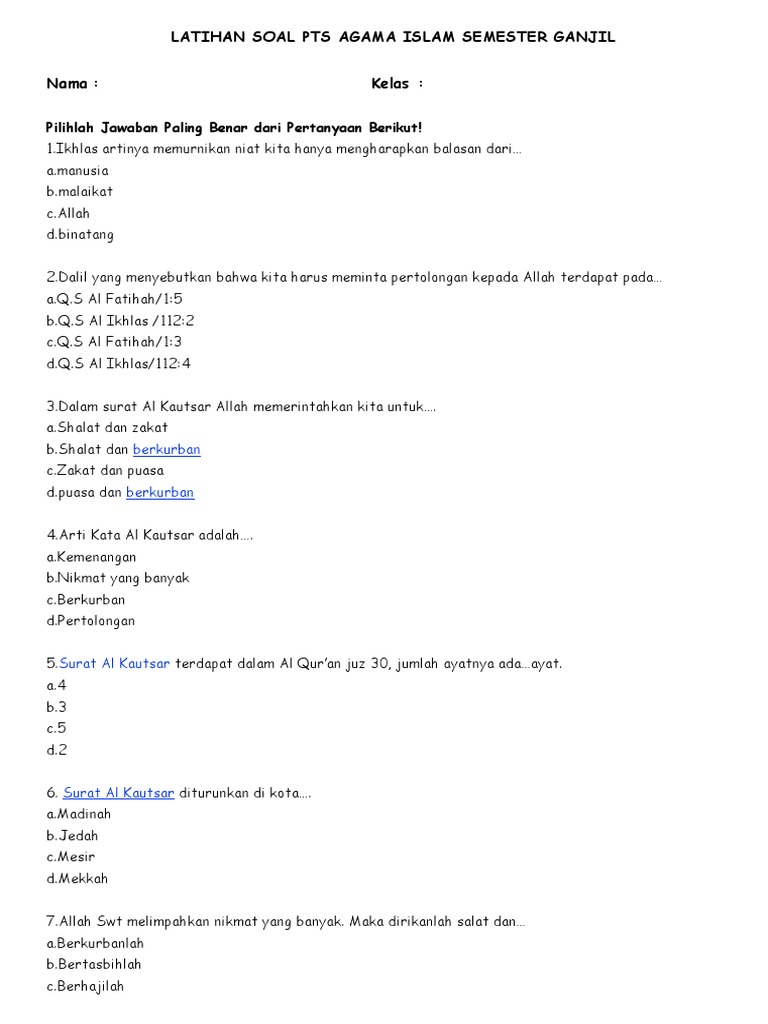 Latihan Soal PTS PAI Kelas 3 Semester 1 | PDF