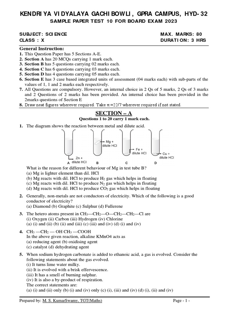 Science Class X Sample Paper Test 10 For Board Exam 2023 | PDF