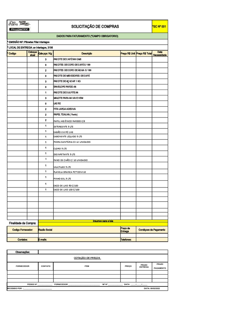 Solicitação de Insumos LOJA INTERLAGOS | PDF