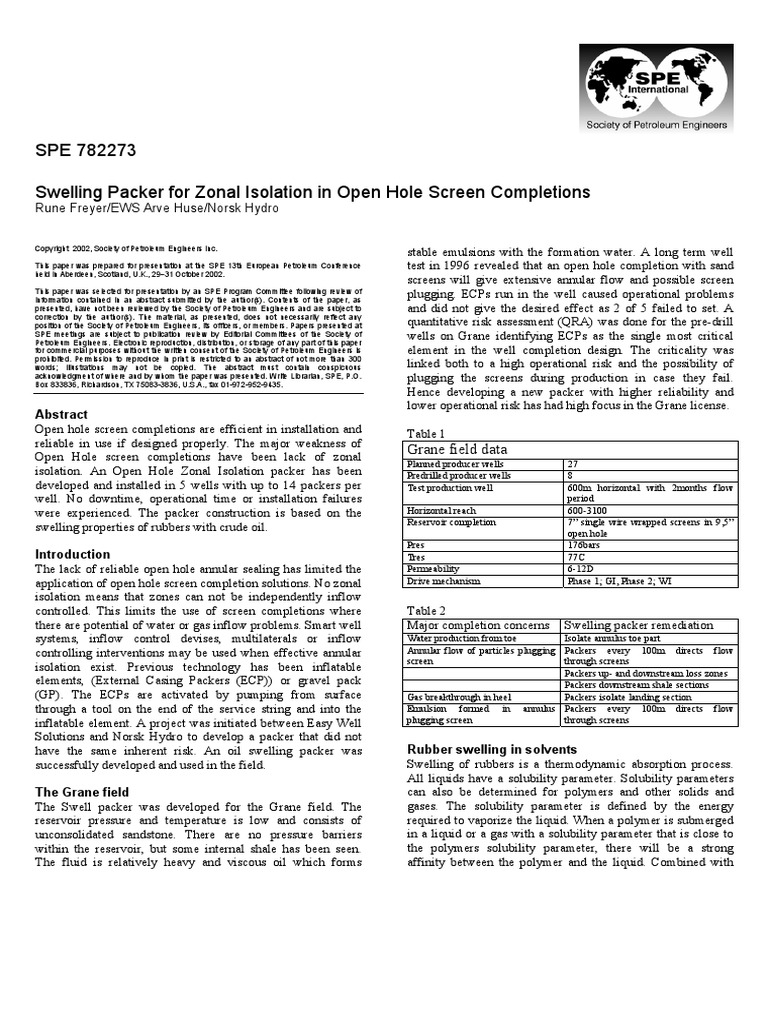 SPE 78312 Swell Packer For Zonal Isolation r01 | PDF | Solubility ...