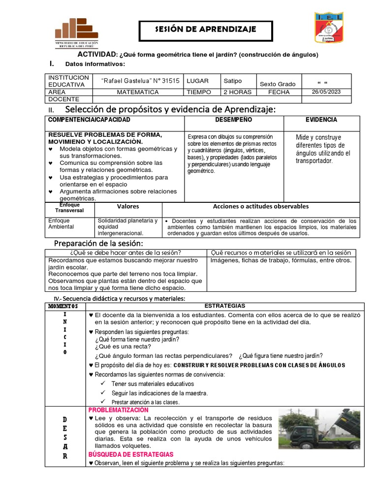 SESIÓN MATEMATICA - Construcción de Ángulos | PDF | Geometría | Residuos