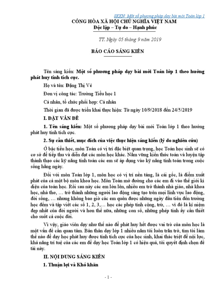 SKKN Mot So Phuong Phap Day Bai Moi Toan Lop 1 | PDF