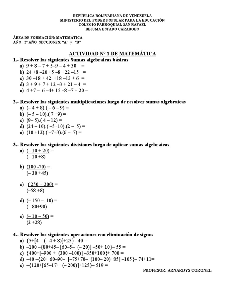 ejercicios de Matemáticas 2° AÑO | PDF