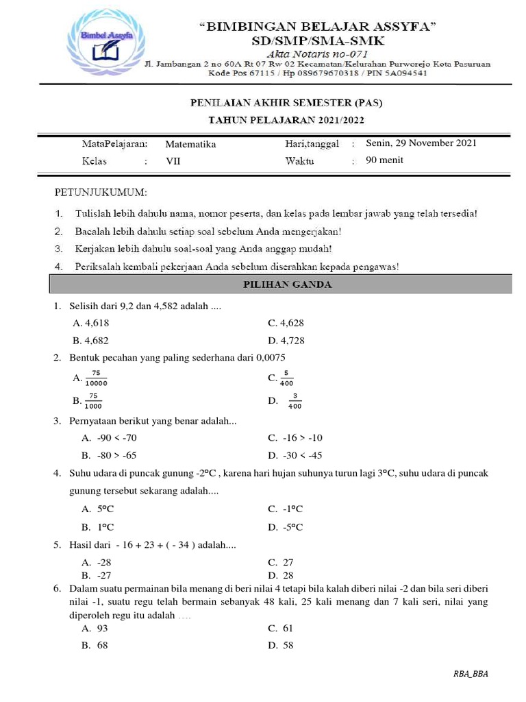 Latihan_Soal_PAS_Matematika_Kelas_7_K13 | PDF