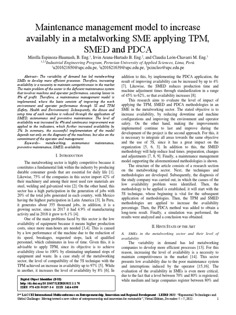 Maintenance Management Model To Increase Availably in A Metalworking ...