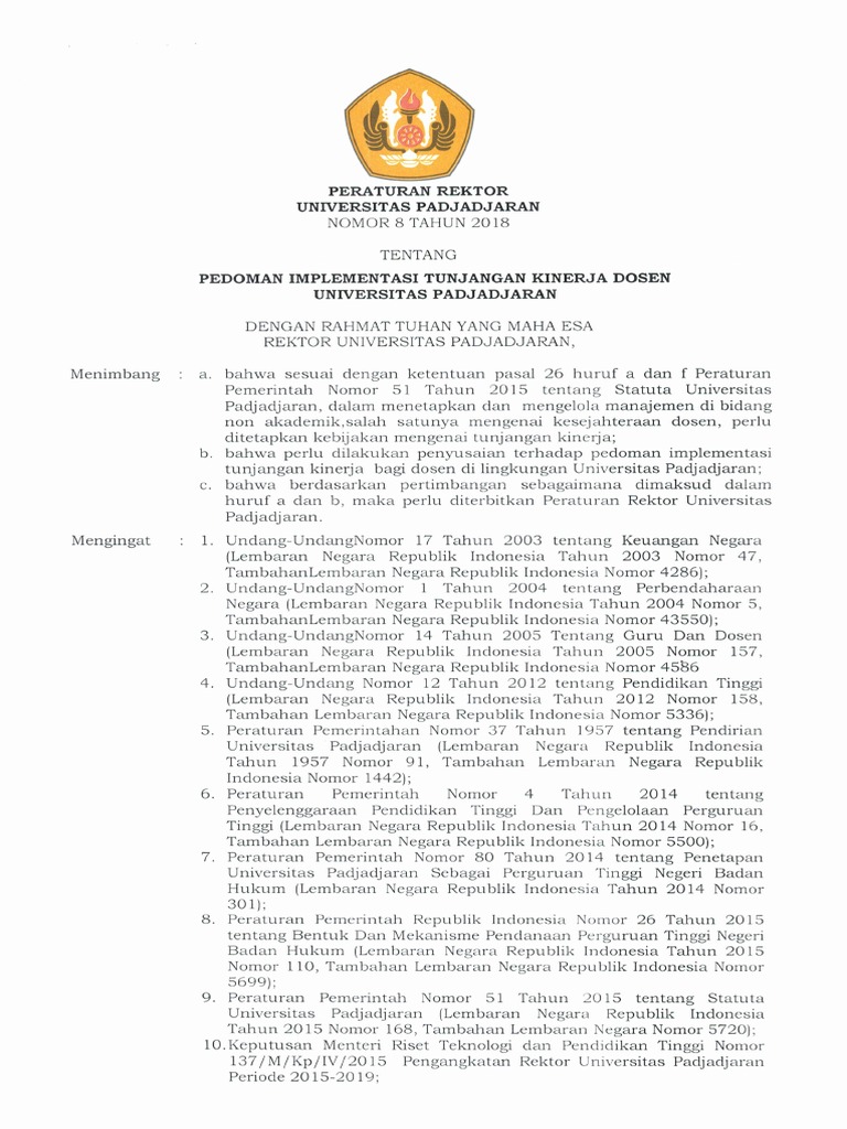 Peraturan Rektor Nomor 8 Tahun 2018 Pedoman Implementasi Tukin Dosen | PDF