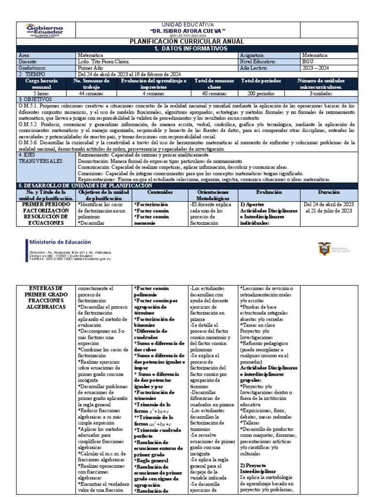 Pca 1ro Bgu Mat 2023-2024 | PDF | Factorización | Ecuaciones