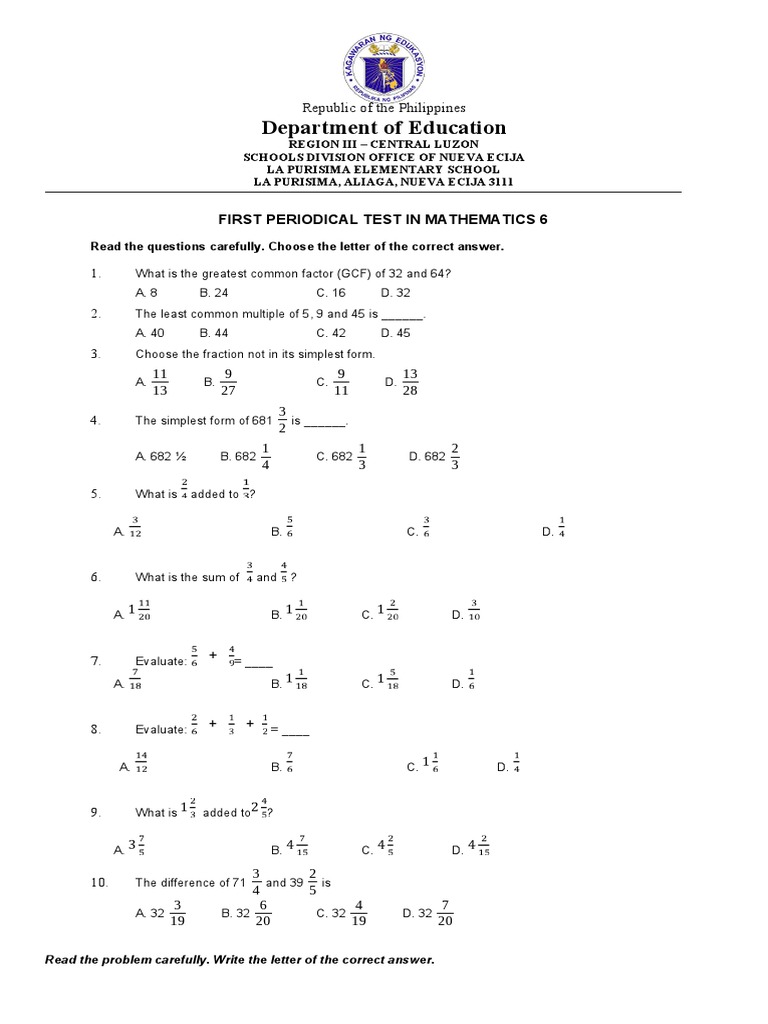 Math Periodical Test for Grade 6 | PDF