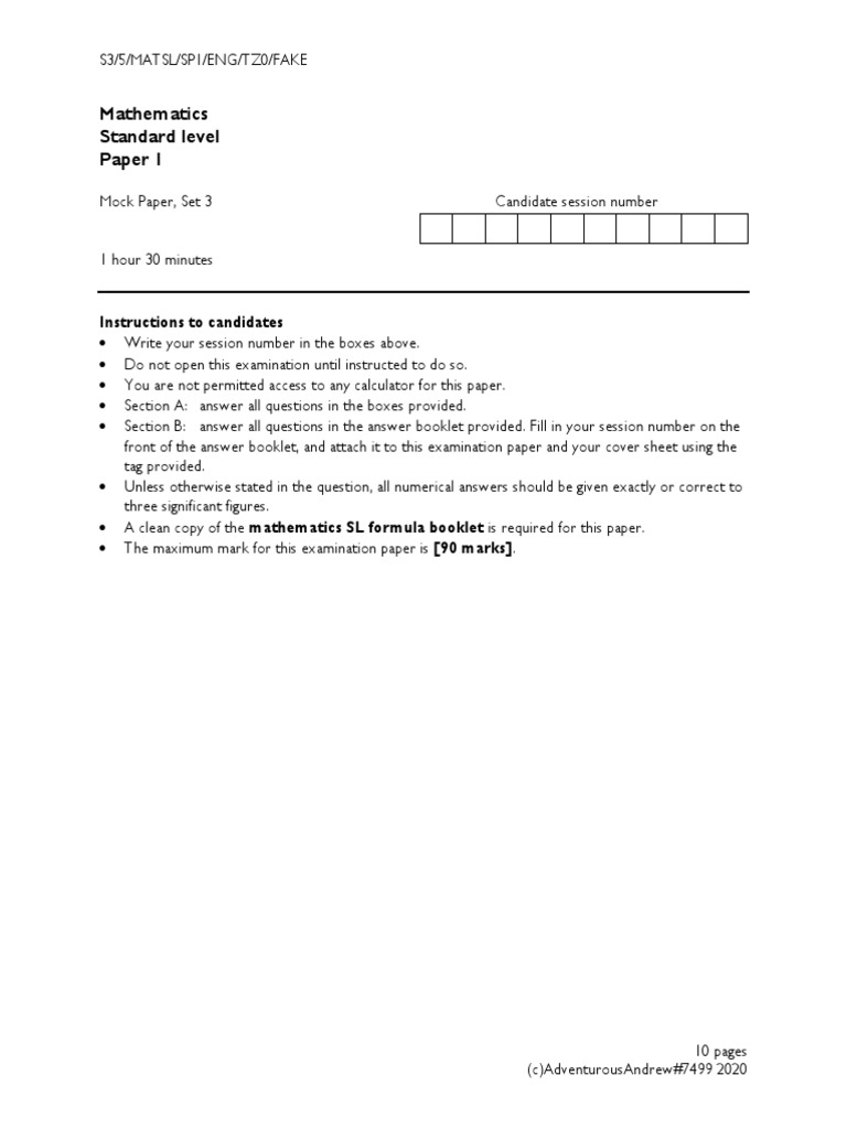 2020 - SL - Set - A - Paper - 1 Math AA SL | PDF