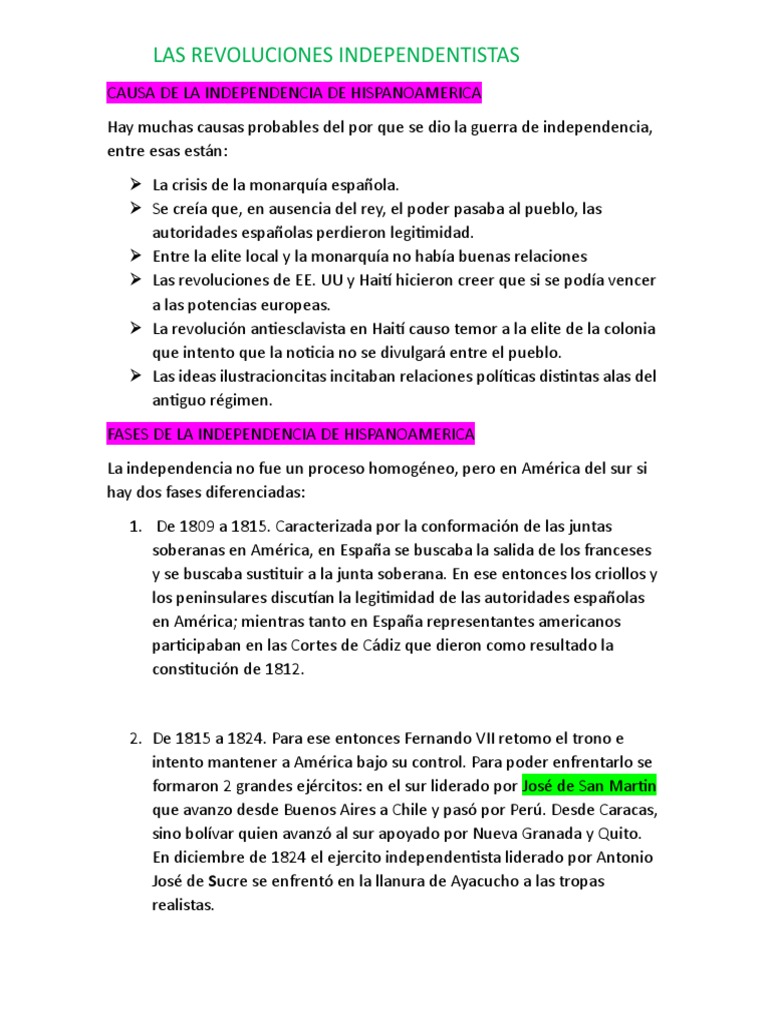 Las Revoluciones Independentistas | PDF | América del Sur | Conflictos ...