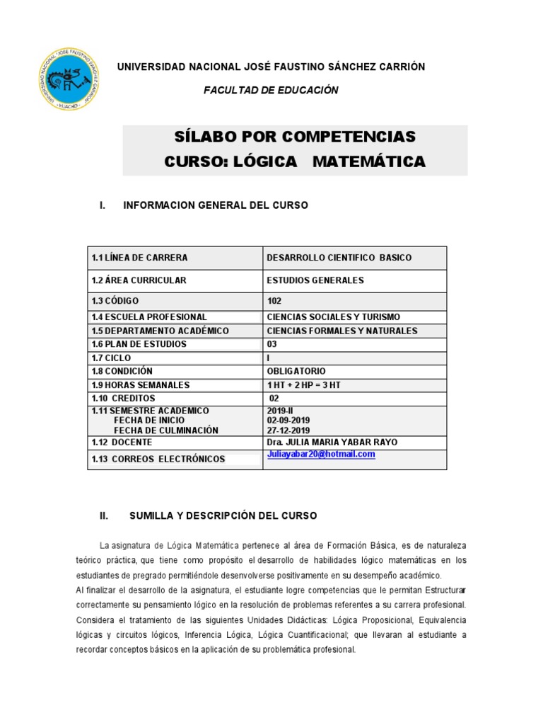 Sílabo Por Competencias Curso: Lógica Matemática: Universidad Nacional José Faustino Sánchez ...