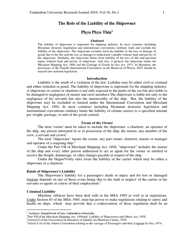 The Role of The Liability of The Shipowner | PDF
