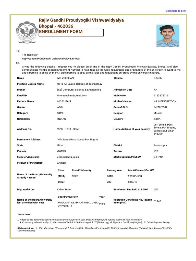 Enrollment Form Print | PDF