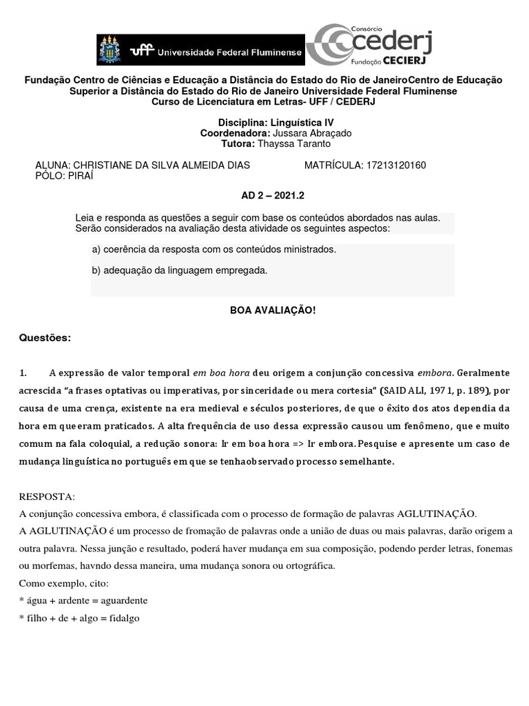 Ad2 2021-2 Linguística Iv Christiane Da Silva Almeida Dias | PDF | Palavra | Linguística