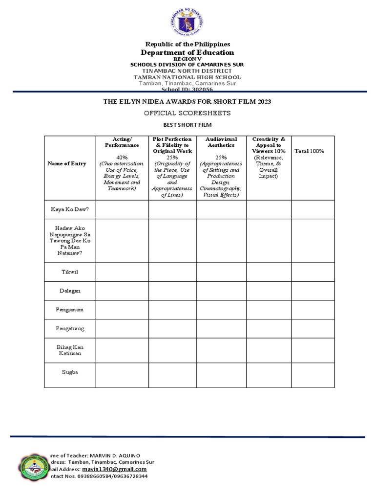 Official Scoresheets For Short Film 2023 | PDF