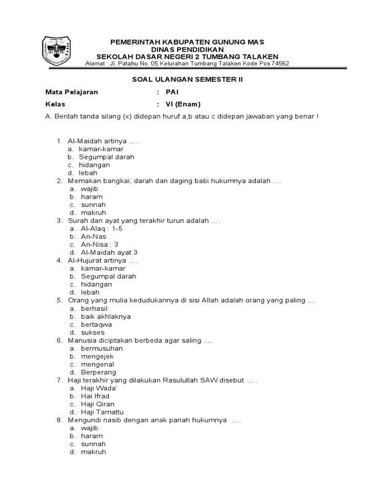 Soal Agama Islam Kelas 6 Semester 2 | PDF