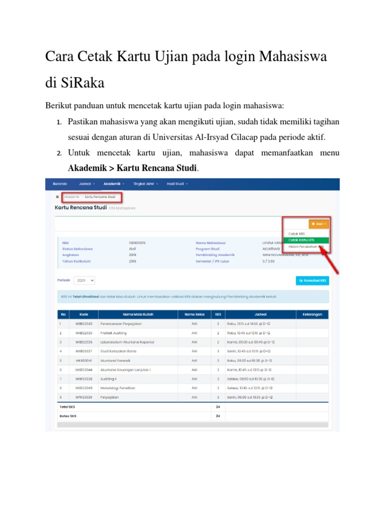 Cara Cetak Kartu Ujian Pada Login Mahasiswa Di SiRaka | PDF