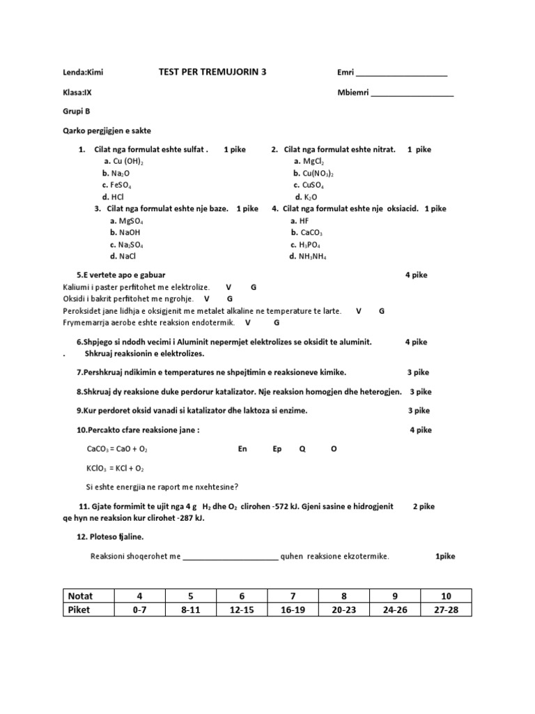 Test Kimi Klasa 9 Grupi B | PDF