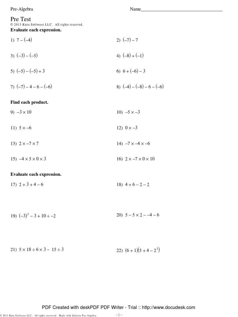 Pre-Algebra Evaluation Worksheet | PDF | Elementary Mathematics ...