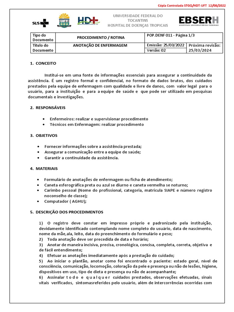 POP 011 DENF - ANOTAÇÃO DE ENFERMAGEM | PDF | Enfermagem | Serviços ...