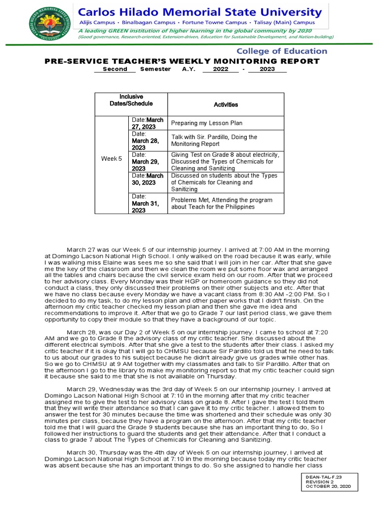 Week 5 Monitoring Report | PDF | Teachers | Learning