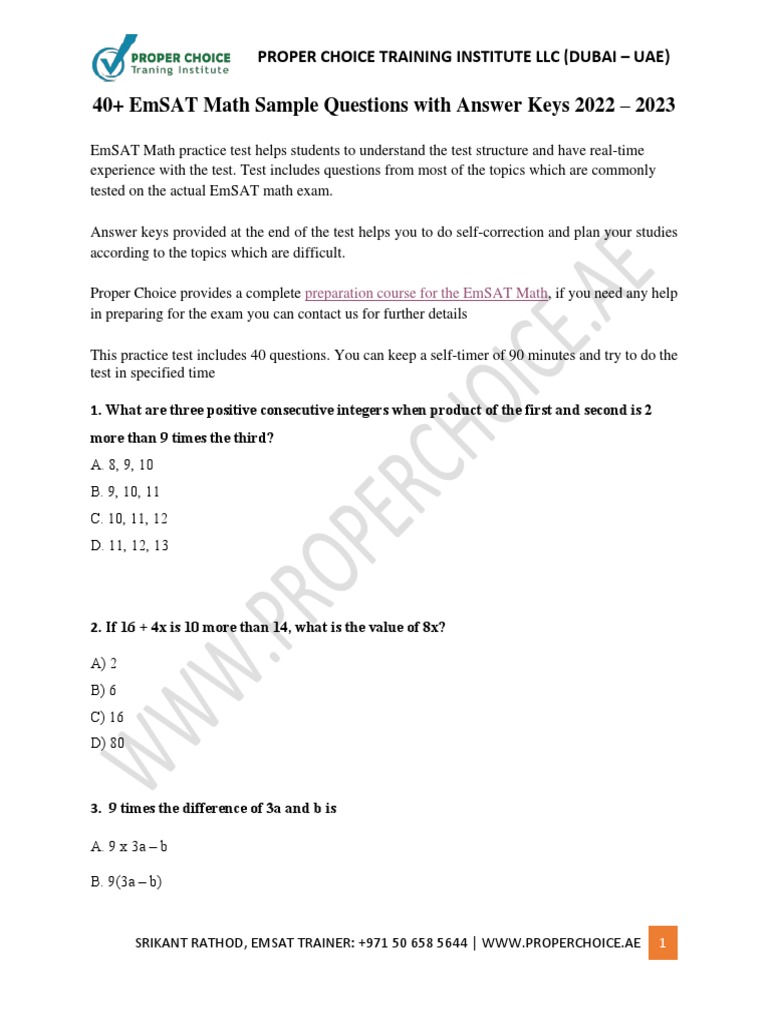 EmSAT Math Practice Test With Answer Keys 2022 | PDF