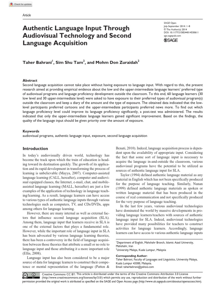 Authentic Language Input Through Audiovisual Technology and Second Language Acquisition | PDF ...