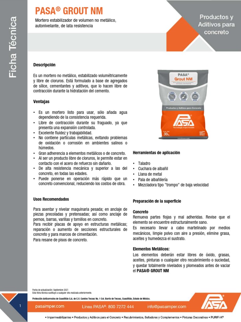 Pasa Grout NM | PDF | Hormigón | Sustancias químicas