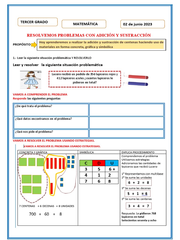 Ficha Resolvemos Problemas Con Adición y Sustracción 3 Grado | PDF