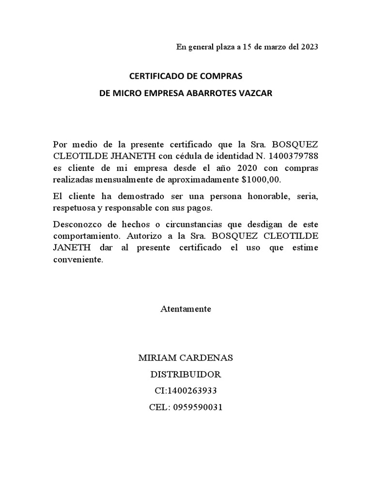 Certificado de Compras | PDF