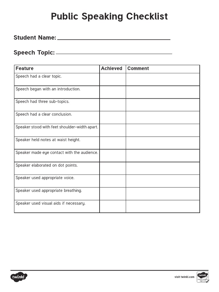 Au t2 e 4018 Public Speaking Checklist English | PDF | Language Arts ...