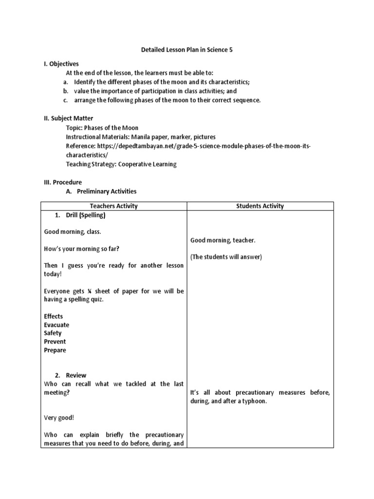Detailed Lesson Plan in Science 5-Phases of The Moon | PDF