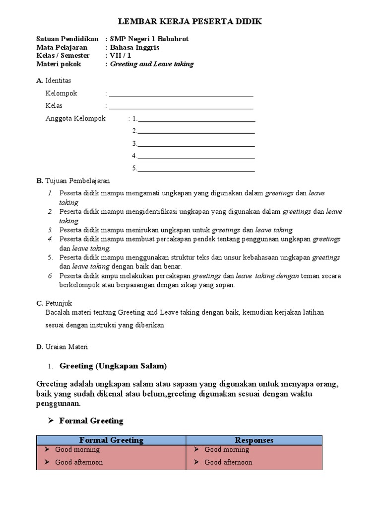 LKPD Greeting and Leave Taking | PDF