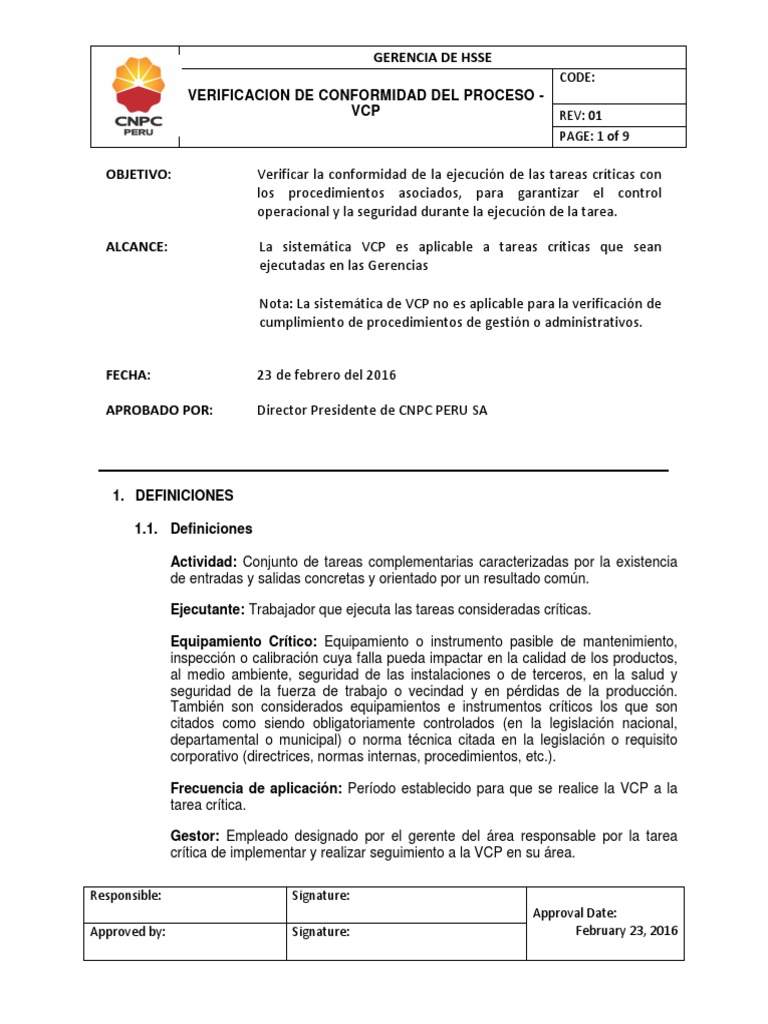 Procedimiento Verificacion de Conformidad Del Proceso - VCP | PDF
