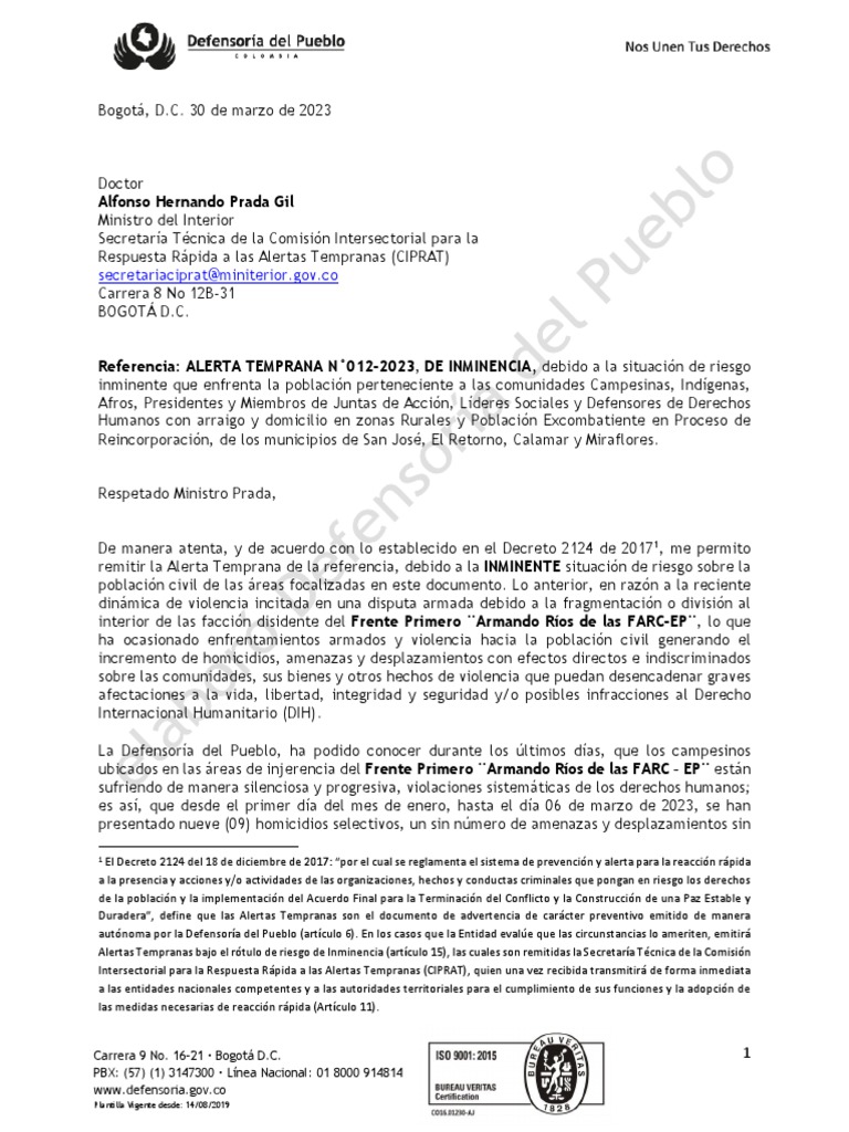 Alerta Temprana N°012-2023, de Inminencia | PDF