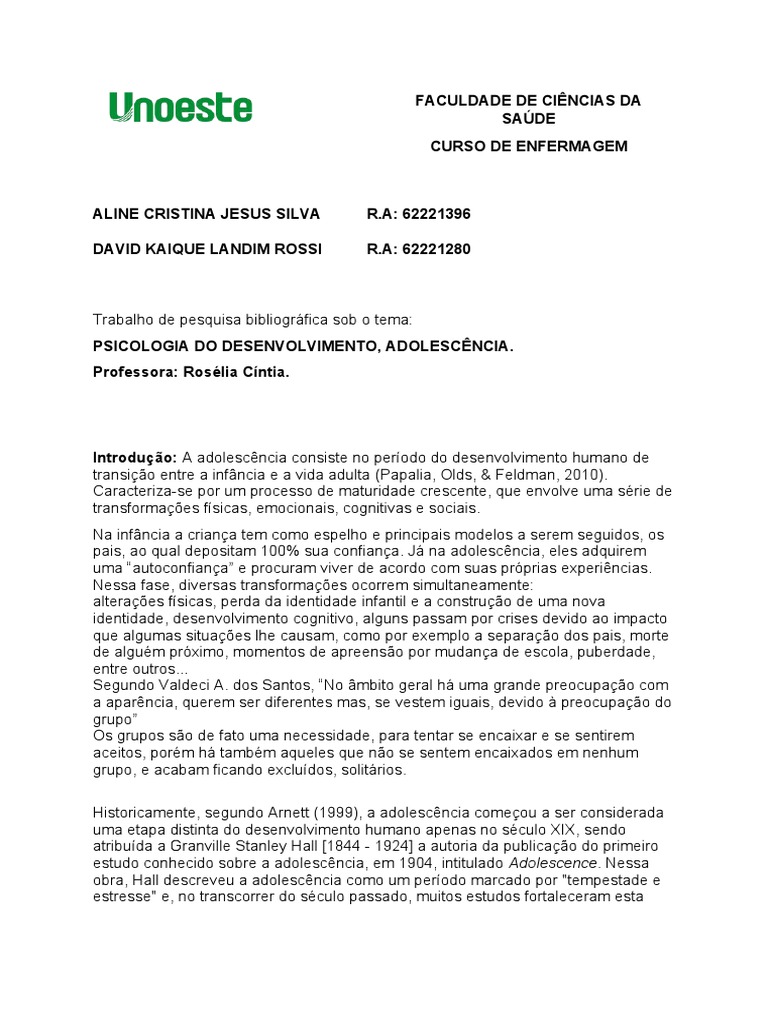 DSH 1 ALINE | PDF | Adolescência | Psicologia do Desenvolvimento